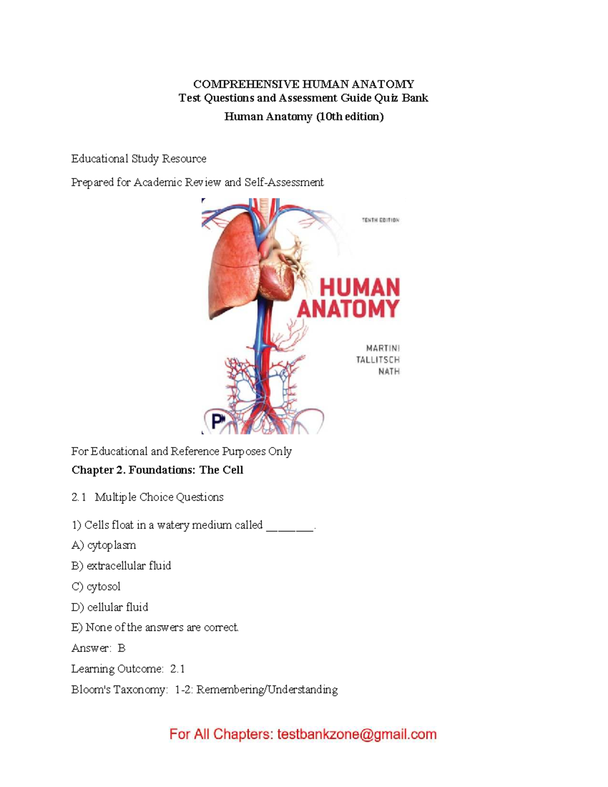 Human Anatomy (10e) Quiz Bank: Comprehensive Test Questions - Studocu