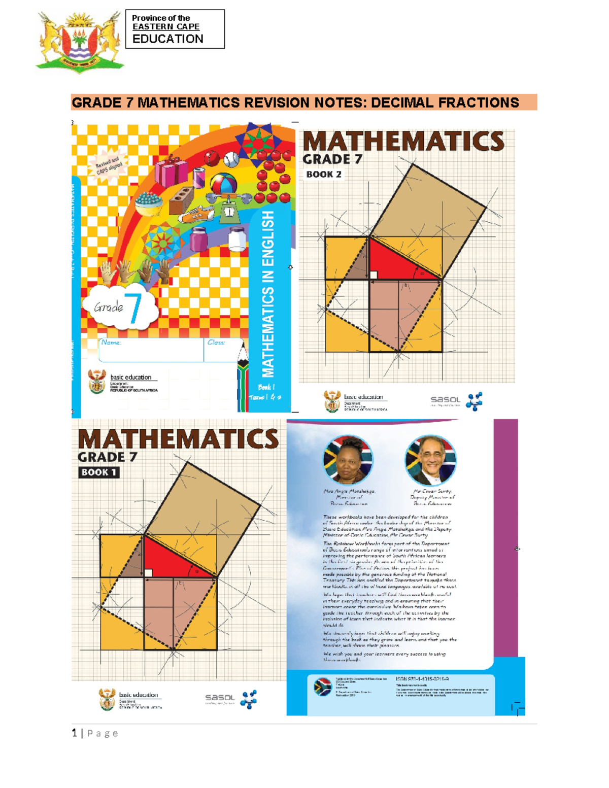 Mathematics Grade 7 Revision Notes: Decimal Fractions (00) - Studocu