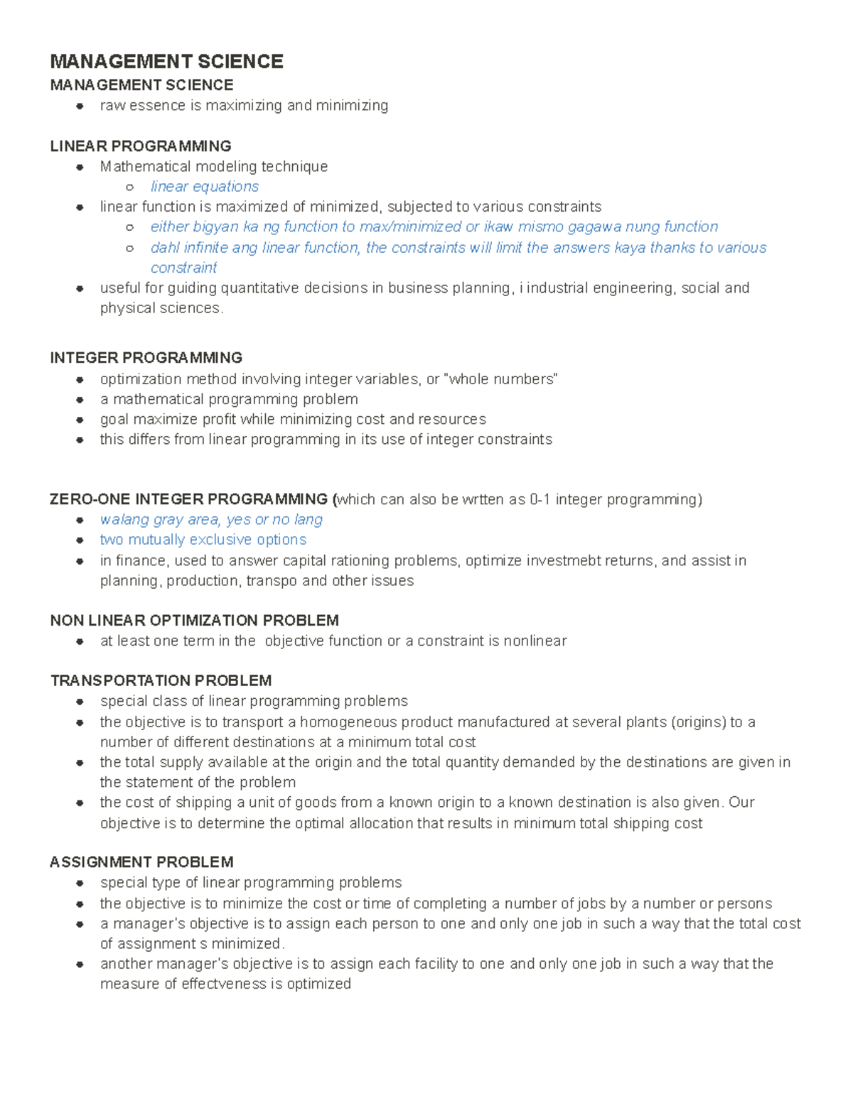 MANAGEMENT SCIENCE: Key Concepts in Linear Programming and Optimization ...