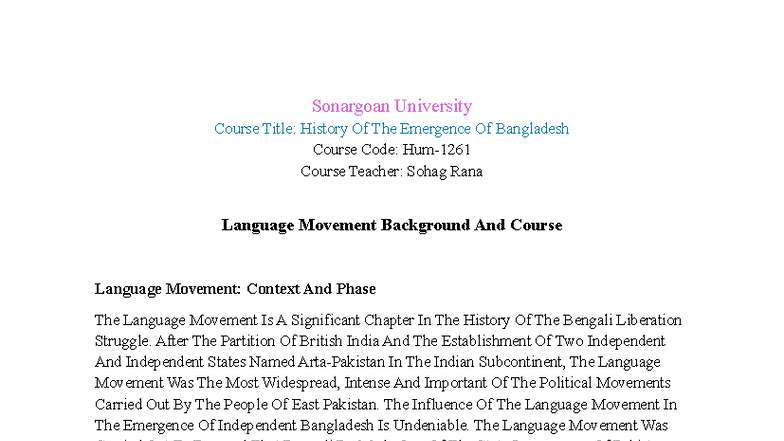 History of the Language Movement in Bangladesh (HIST 101) - Studocu