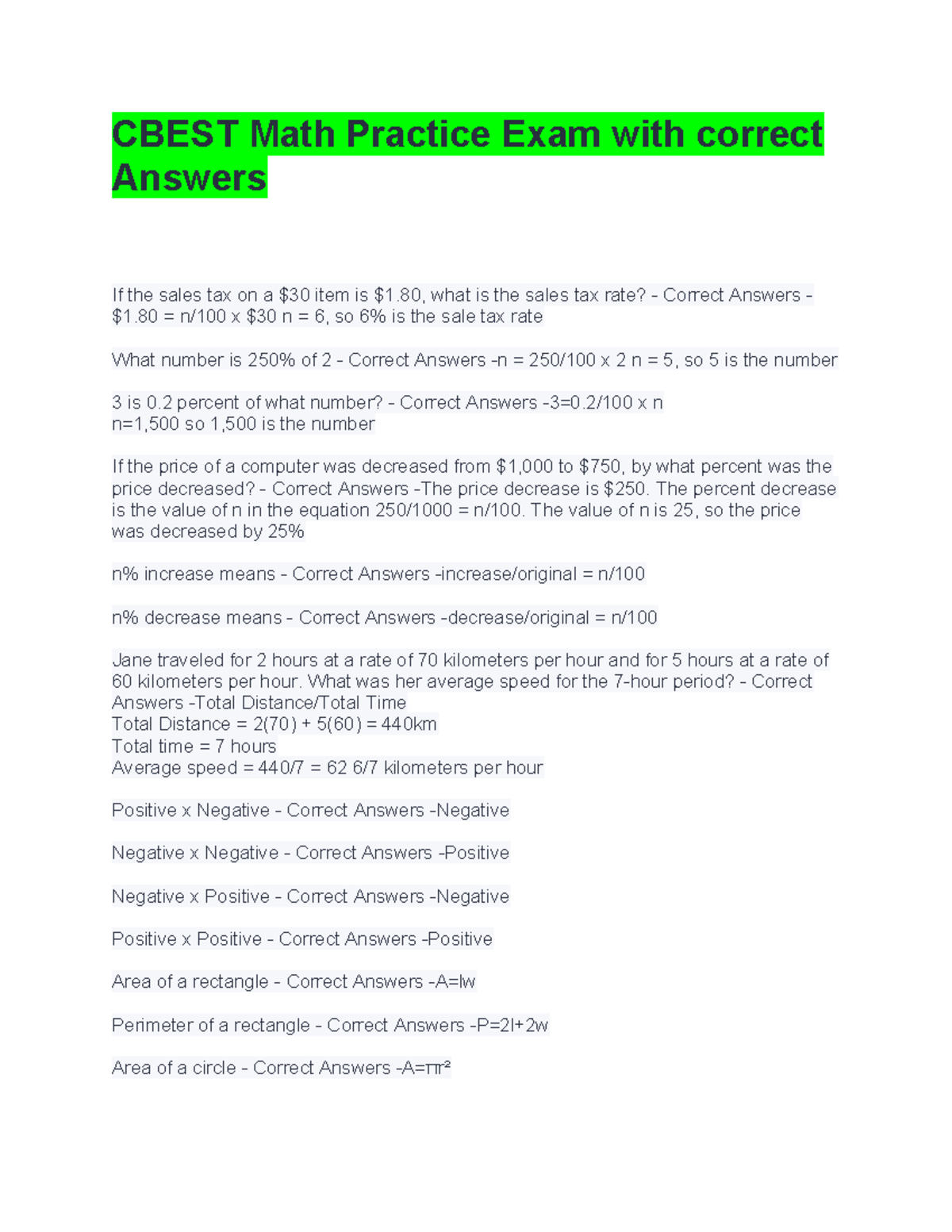 CBEST Math Practice Exam: Solutions and Key Concepts - Studocu