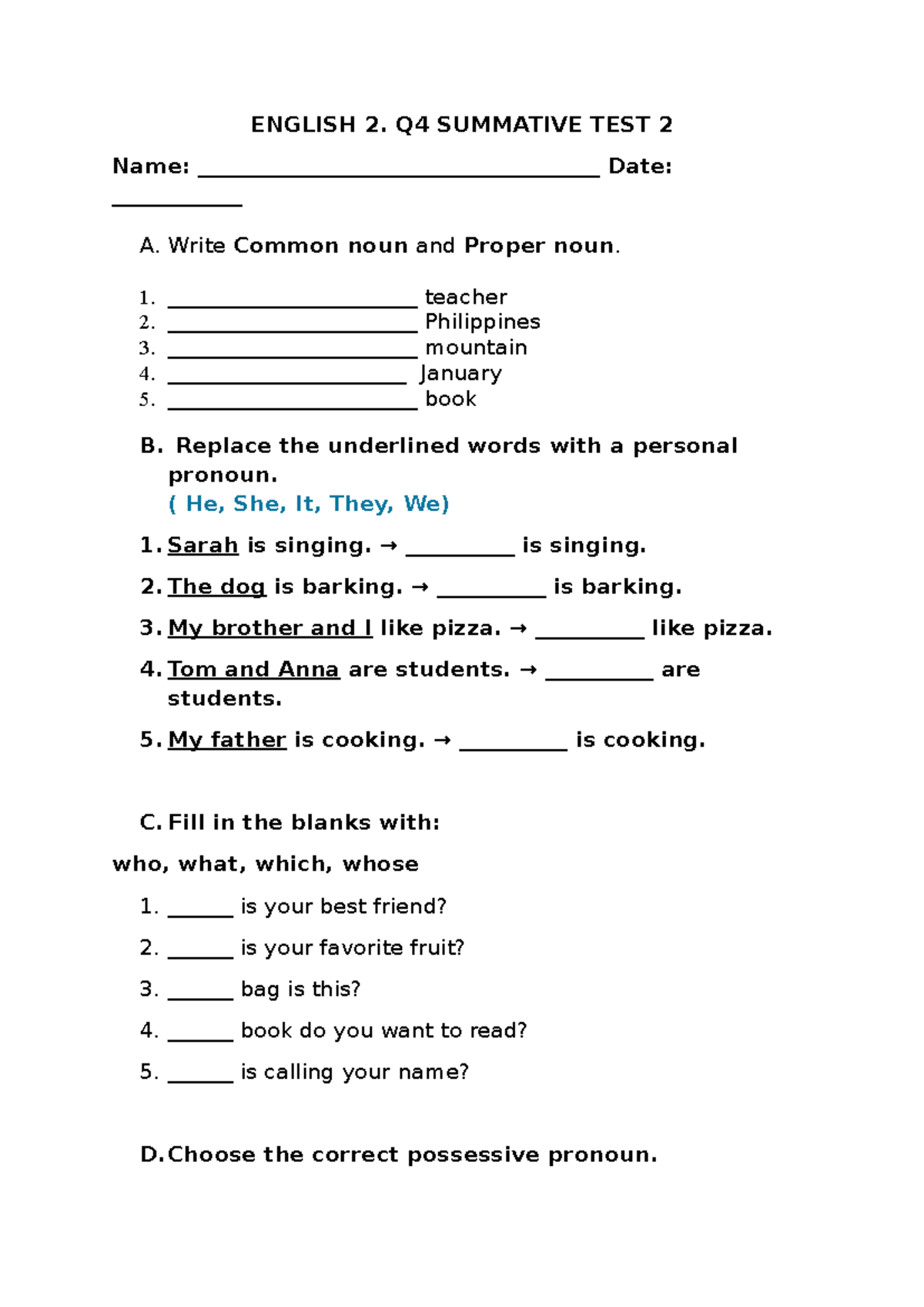 ENGLISH 2: Q4 SUMMATIVE TEST 2 - NOUNS, PRONOUNS & RHYMES - Studocu