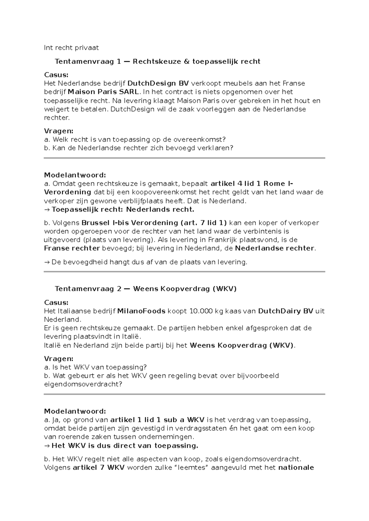 Int recht privaat Tentamenvragen en Modelantwoorden 2023 - Studeersnel