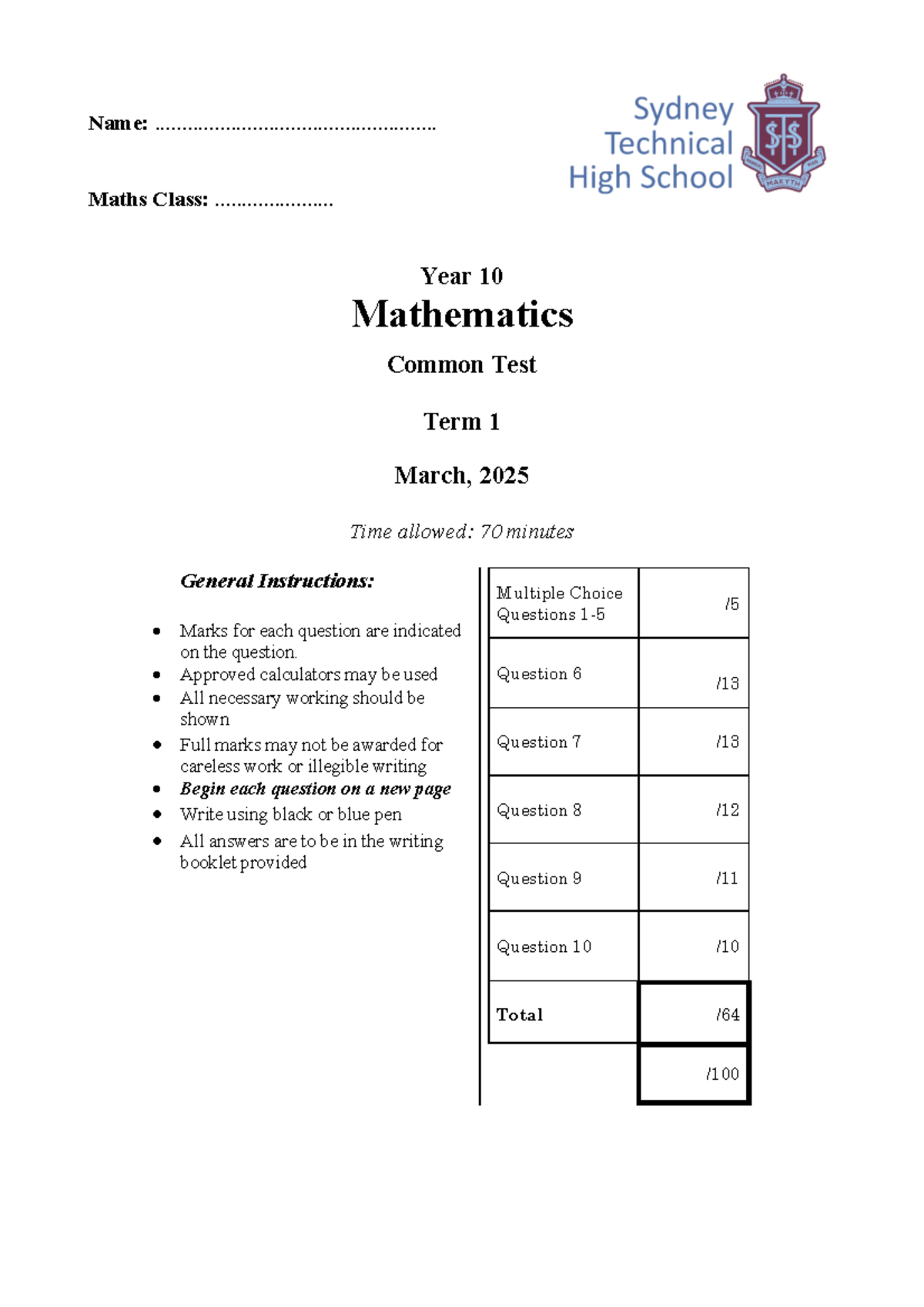 YEAR 10 MATHS TERM 1 COMMON TEST PRACTICE PAPER 2025 - Studocu