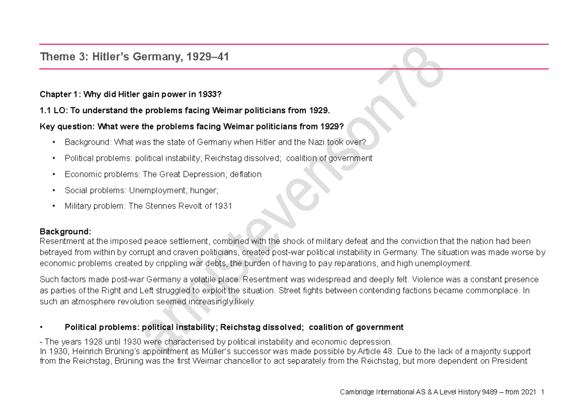 Cambridge International AS A Level History 9489: Theme 3 - Hitler's ...