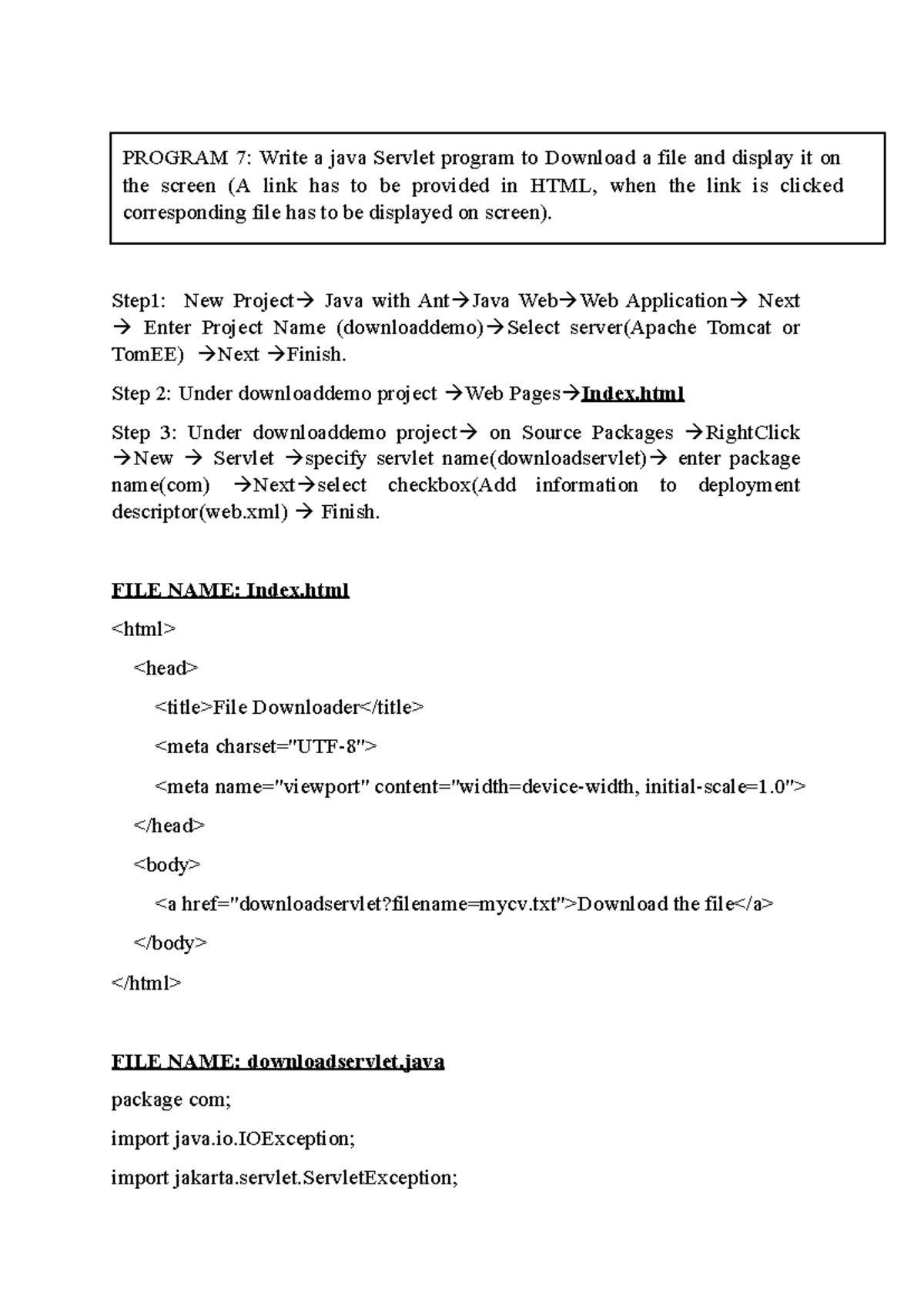Downloadfile - Practice: Java servlet program for file download - Studocu