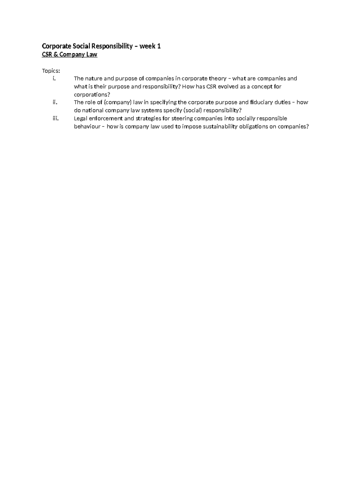 CSR Week 1 Tutorial: Corporate Purpose & Responsibilities in Company ...