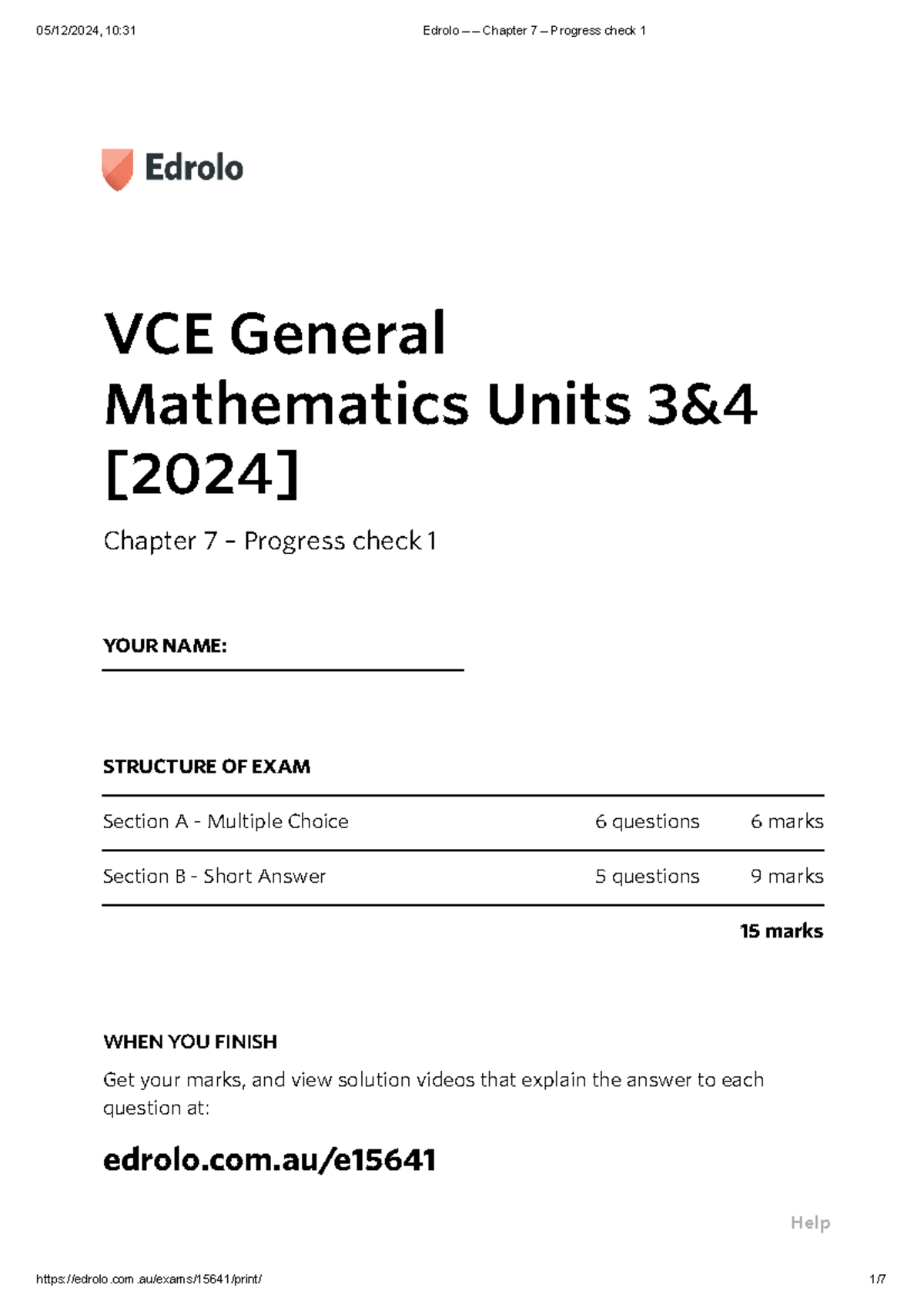 VCE General Mathematics 10:31 Edrolo Chapter 7 Progress Check 1 - Studocu