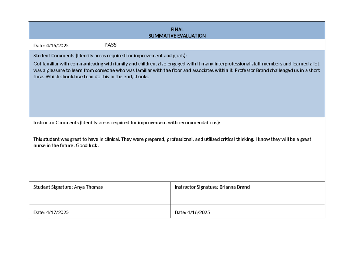 PEDS 101 Final Summative Evaluation: Student & Instructor Feedback ...