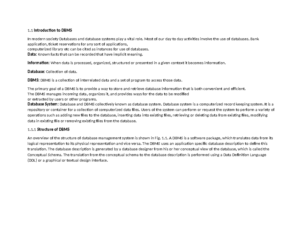 ALL Notes MAY 24 - 1 Introduction to DBMS In modern society Databases ...
