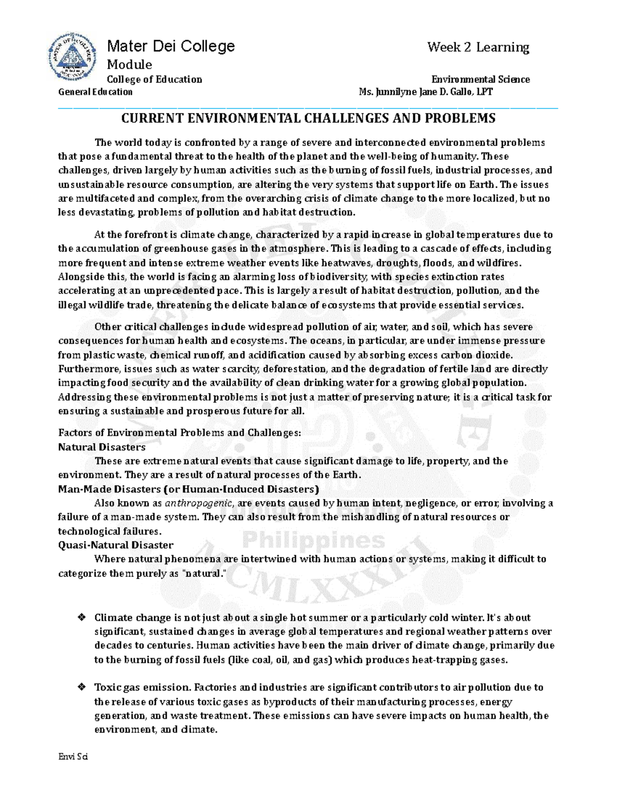 Mater Dei College ENVI Week 2 Learning Module: Current Environmental ...