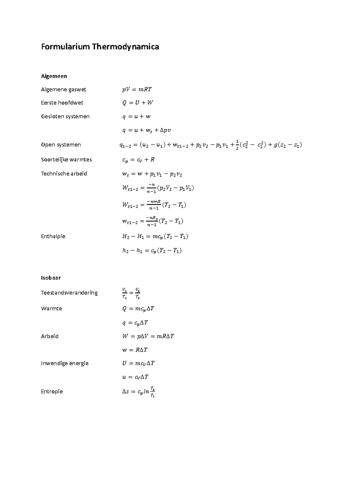 Formularium Thermodynamica - Belangrijke Formules en Concepten ...