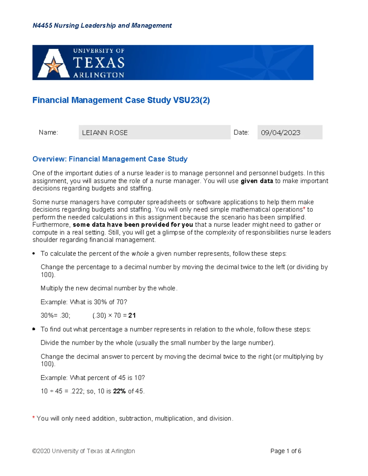 N4455 Nursing Leadership & Management: Financial Management Case Study - Studocu