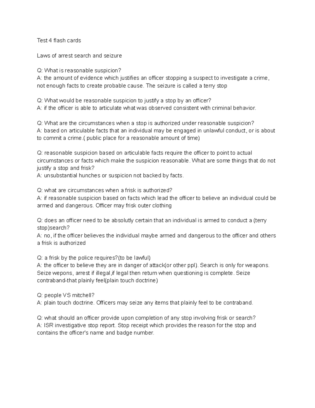 Test 4 Flash Cards: Laws of Arrest, Search & Seizure Principles - Studocu