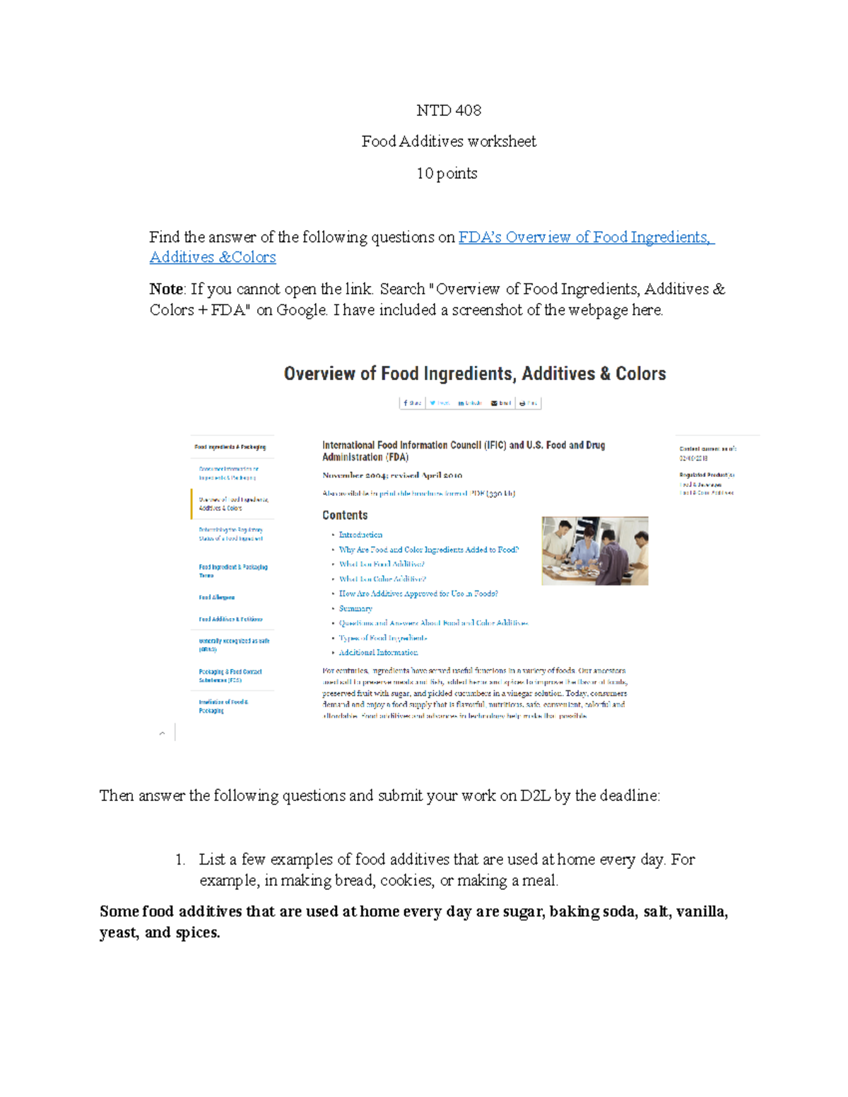 Food Additives Worksheet - NTD 408 Homework Insights - Studocu