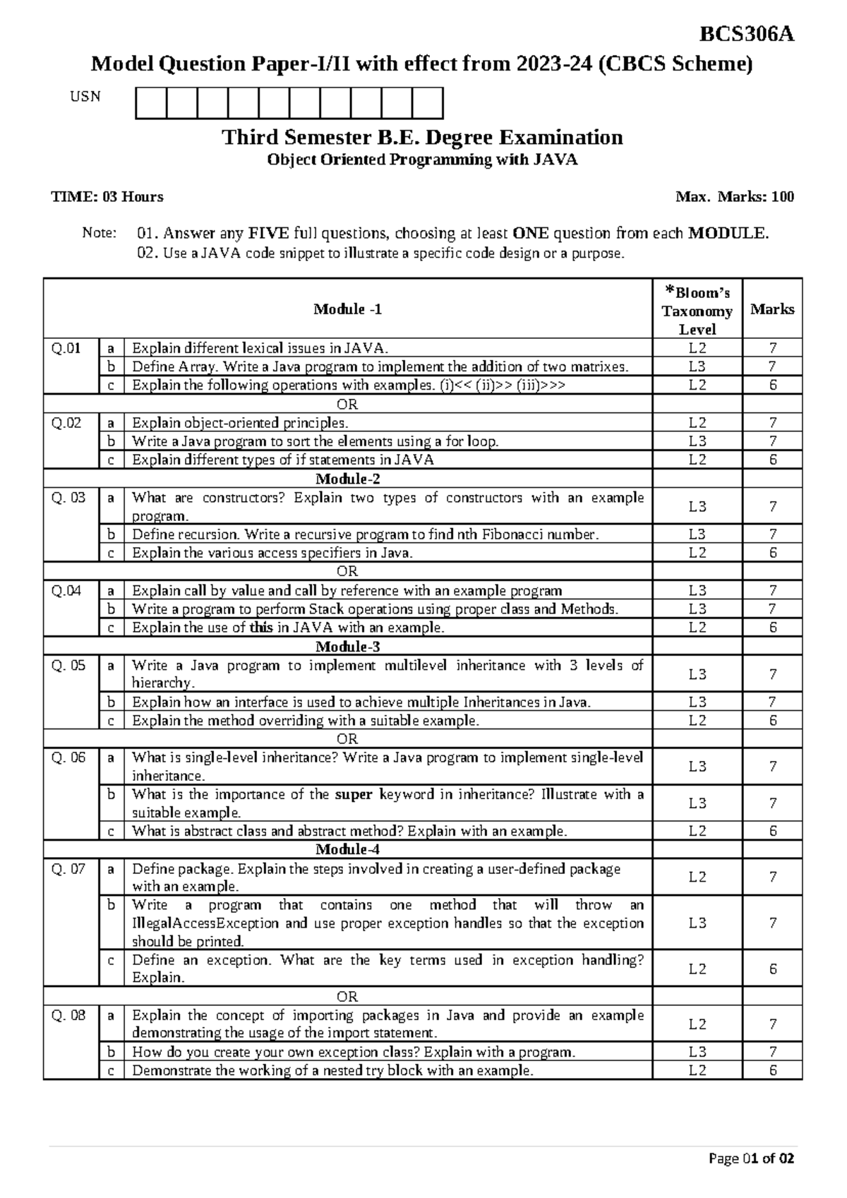 BCS306A - Model Question Paper for Object Oriented Programming Exam ...