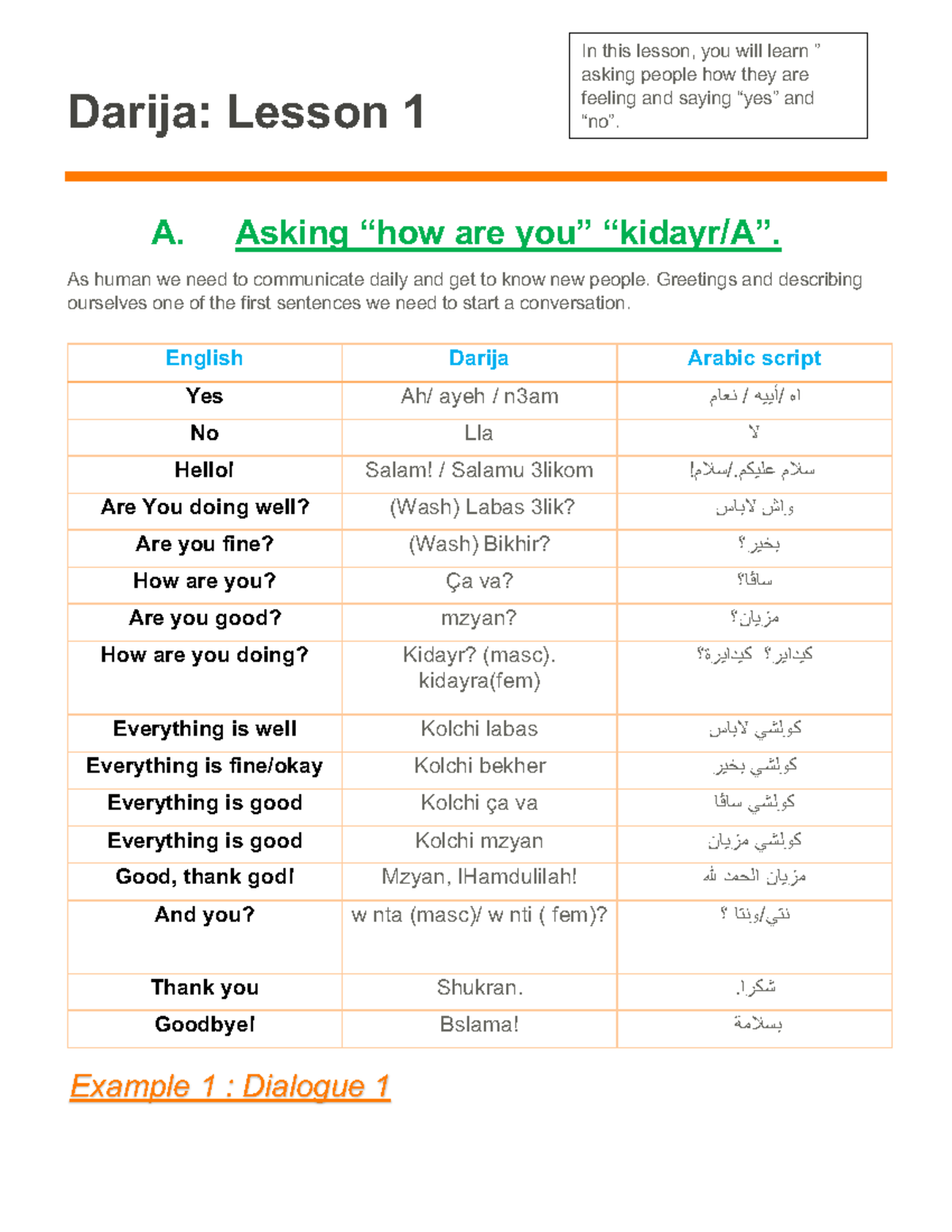 Darija Les 1 - Greetings and Basic Conversations in Arabic - Studocu