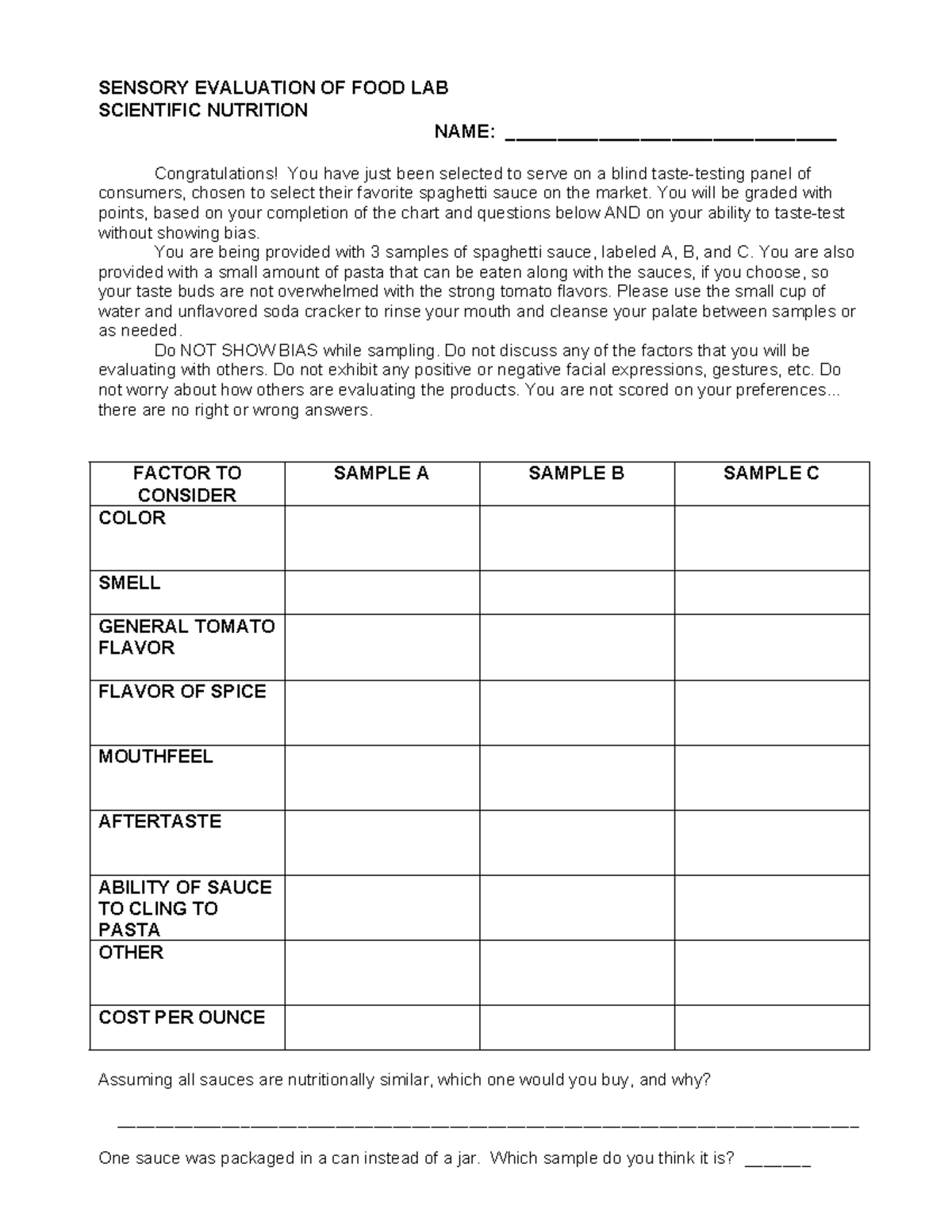 Sensory Evaluation Lab: Blind Taste Test of Spaghetti Sauces - Studocu