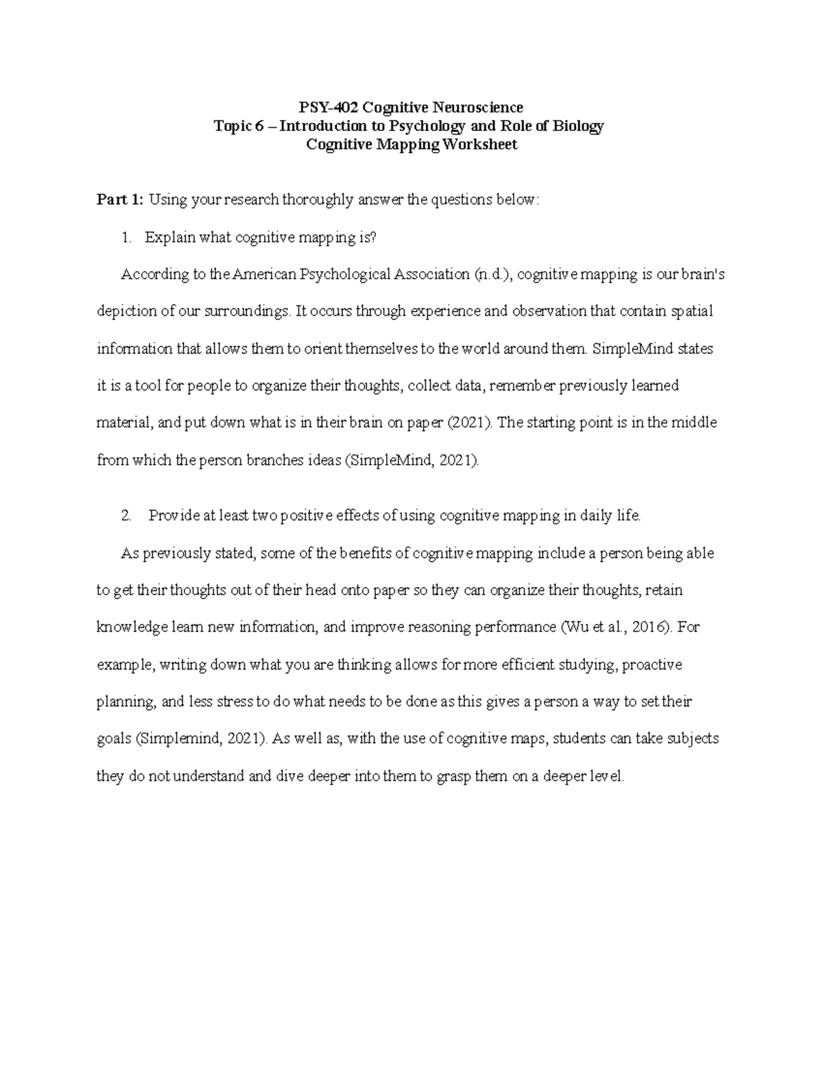 PSY 402 RS Cognitive Mapping Worksheet - PSY-402 Cognitive Neuroscience ...