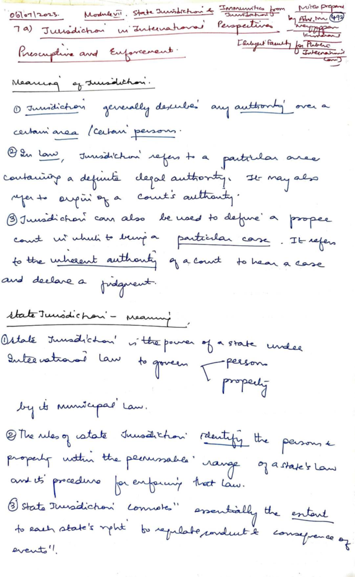 Module 7 - State Jurisdiction & Immunities: Handwritten Notes by Adv ...