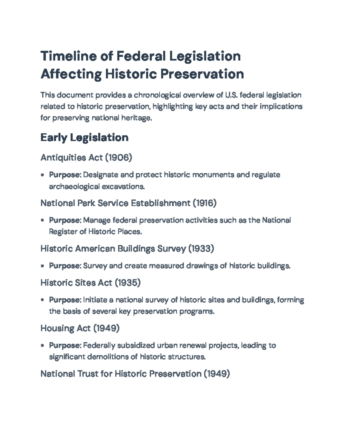Federal Legislation Timeline on U.S. Historic Preservation Efforts ...
