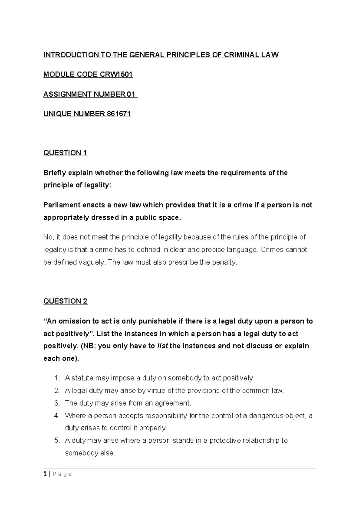 CRW1501 Assignment 1: Principles of Criminal Law Analysis - Studocu