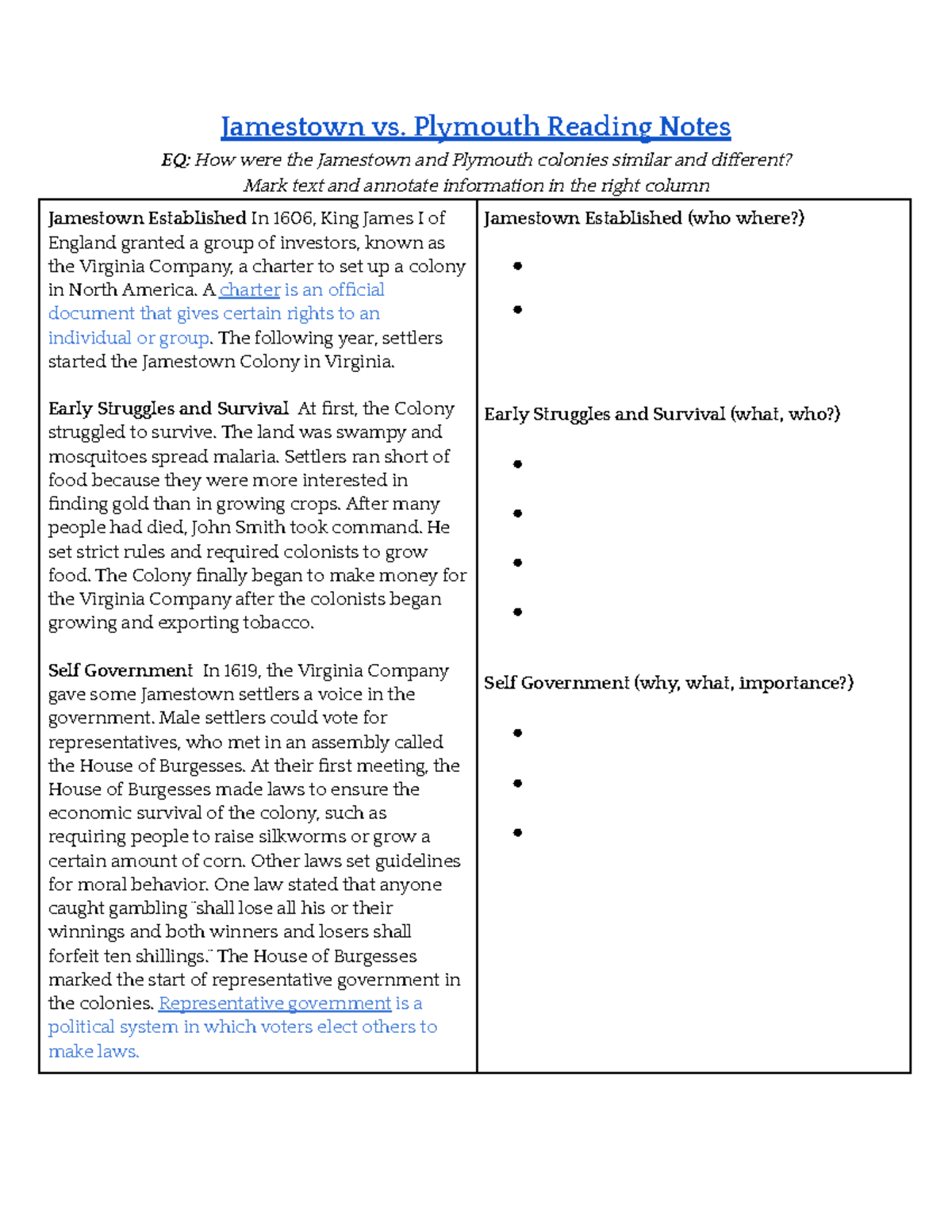 Jamestown vs. Plymouth: Struggles, Survival & Self-Gov. Notes - Studocu