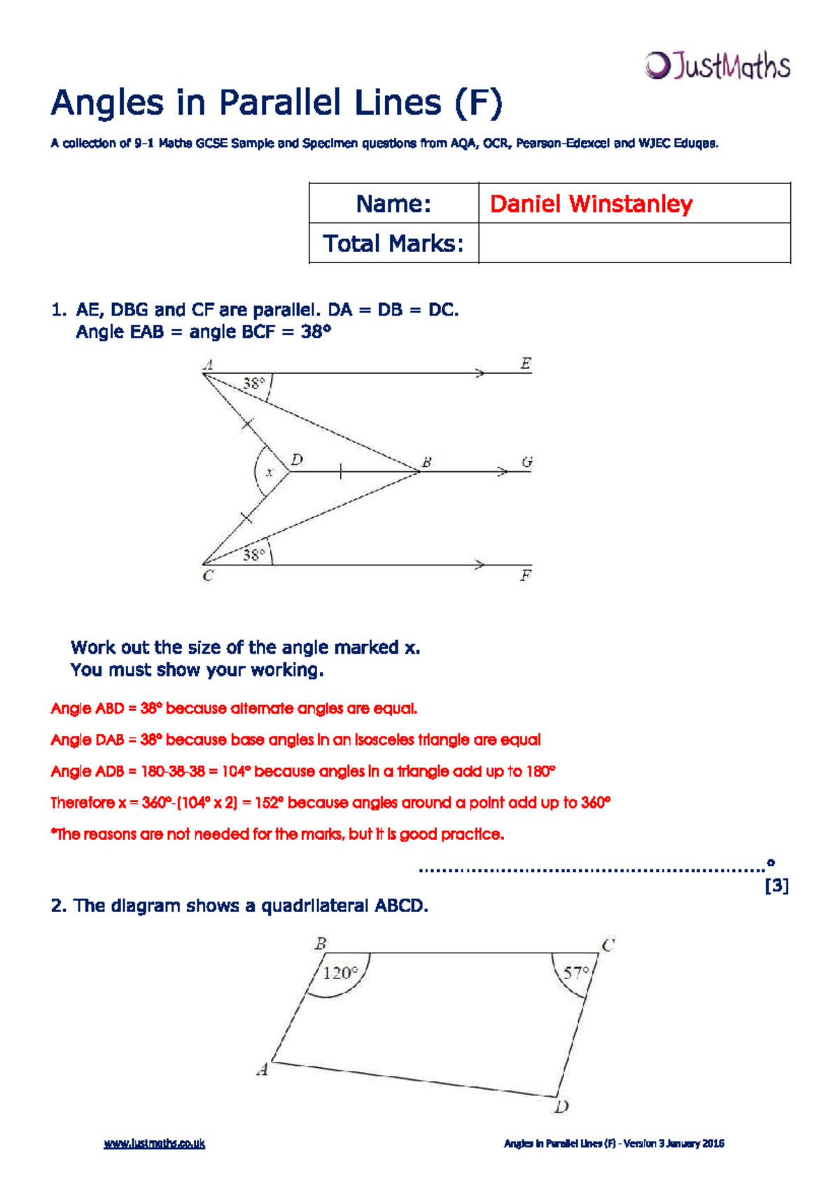 Angles in parallel lines Answers - JustMaths Angles in Parallel Lines ...