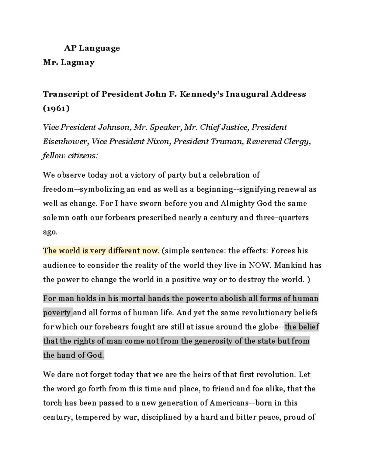 AP LANG 1ST PD: Analysis of JFK's Inaugural Address (1961) - Studocu