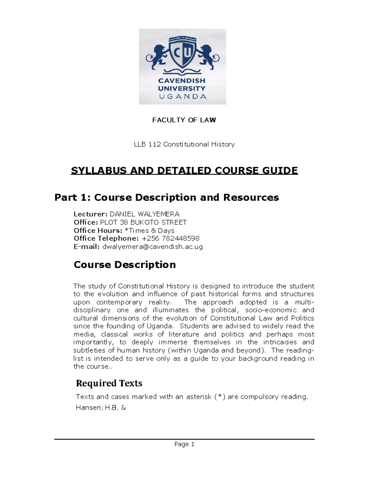 LLB 112 Constitutional History: Course Outline and Reading List - Studocu