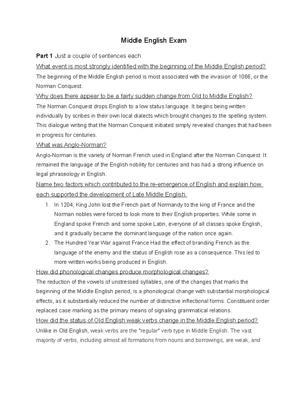 Middle English Exam Study Guide: Key Concepts & Changes - Studocu