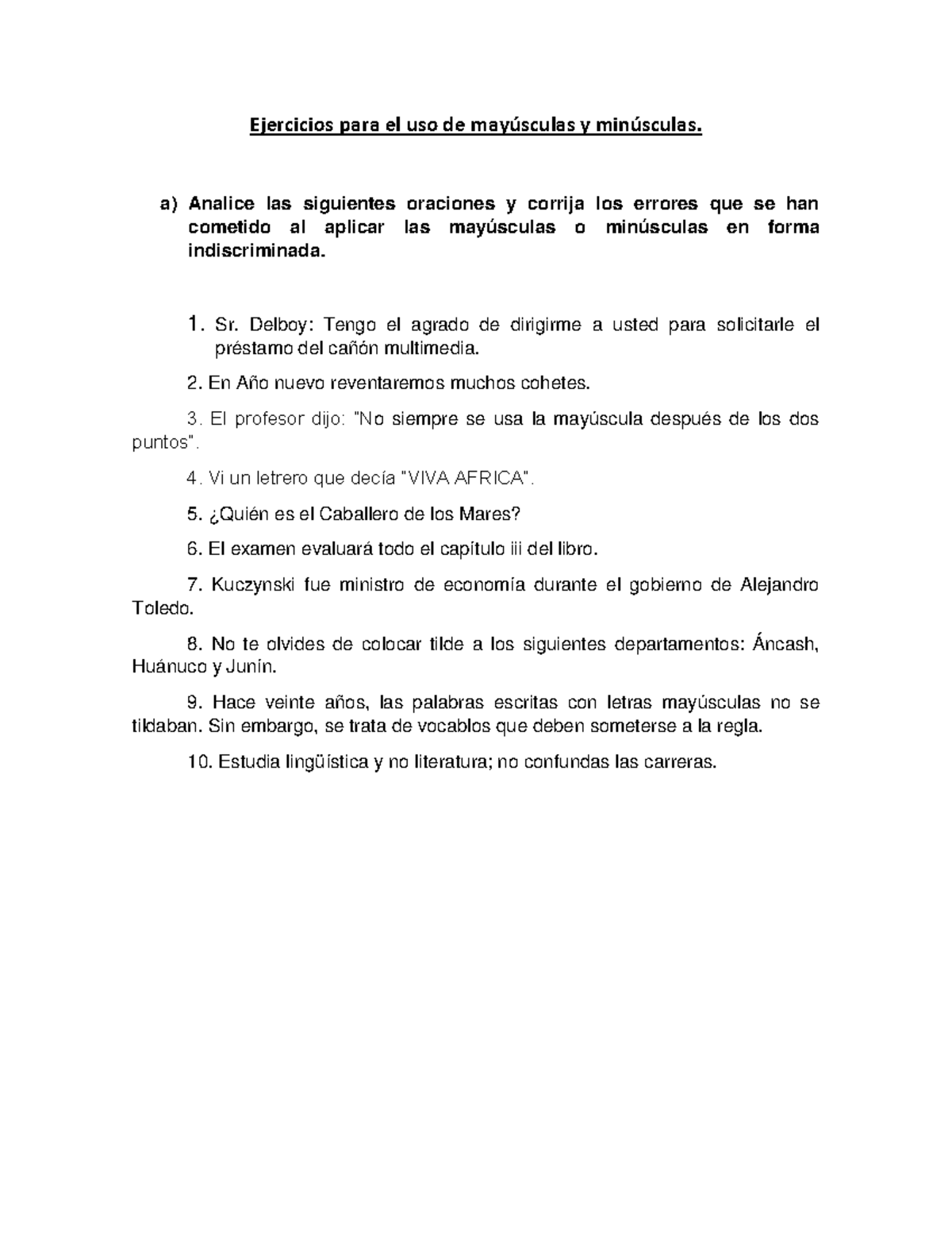 Ejercicios sobre el uso de mayúsculas y minúsculas en español - Studocu