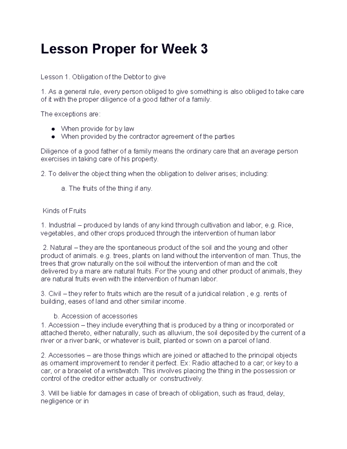 Law on Obligations and Contracts (LAW 101) Week 3 Lesson Notes - Studocu