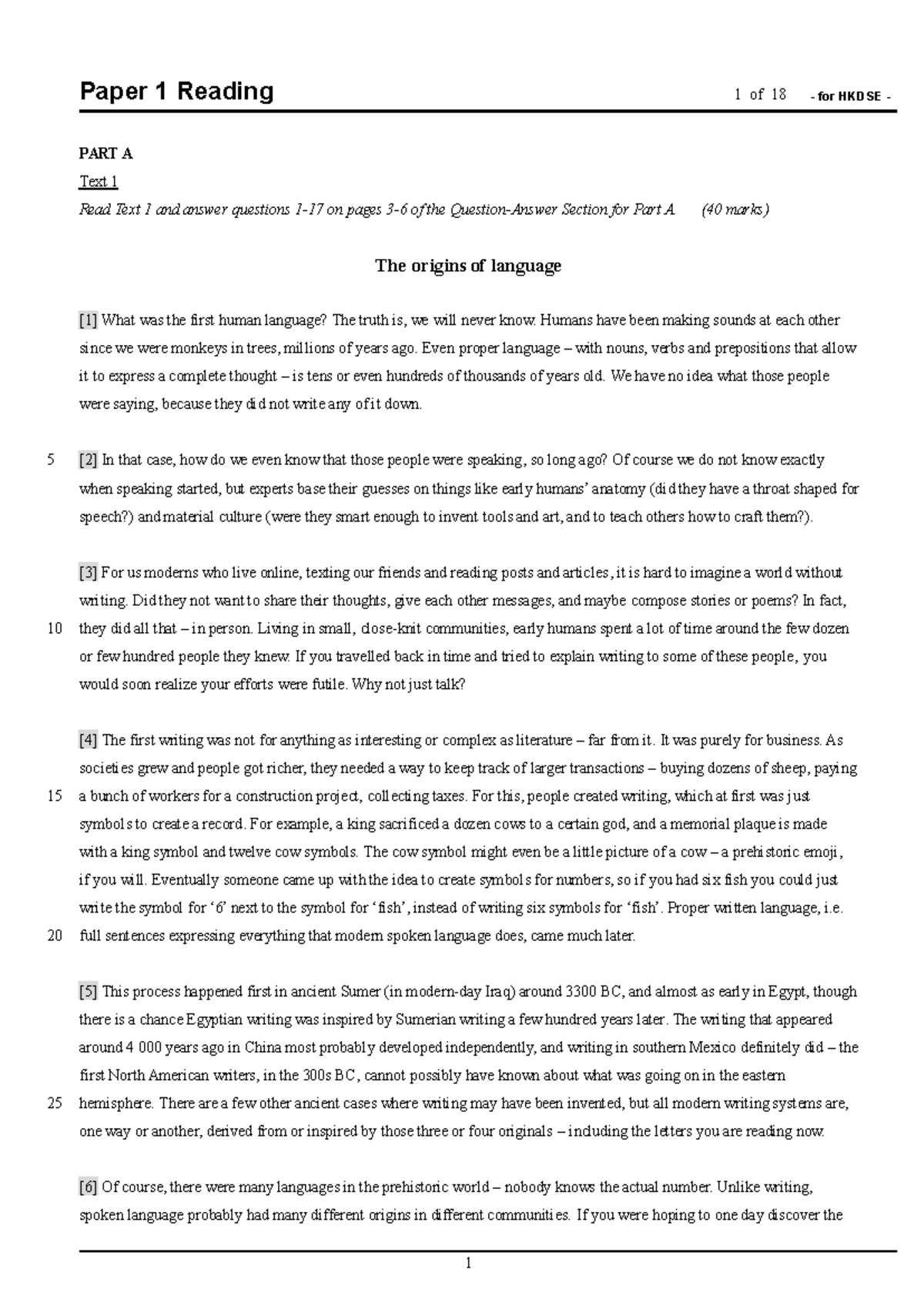 Eng Paper 1 Reading Exam Set 5: The Origins of Language - Studocu