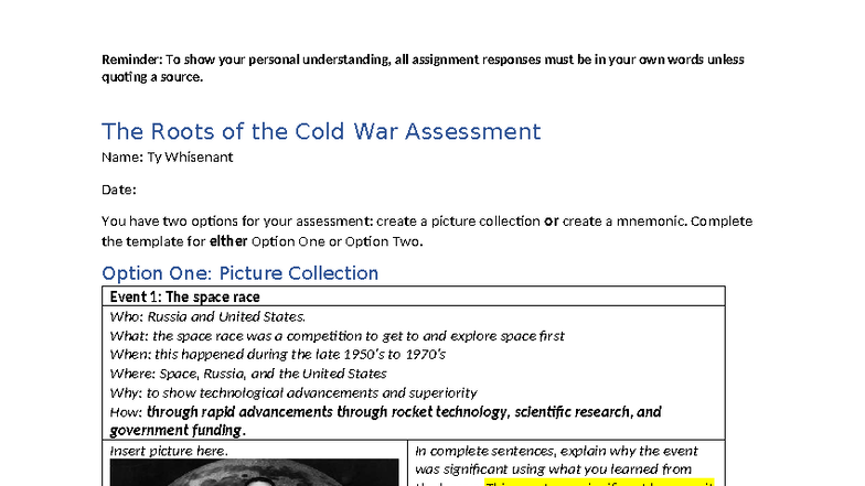 Roots of the Cold War Assessment (HIST 101) - Options Overview - Studocu