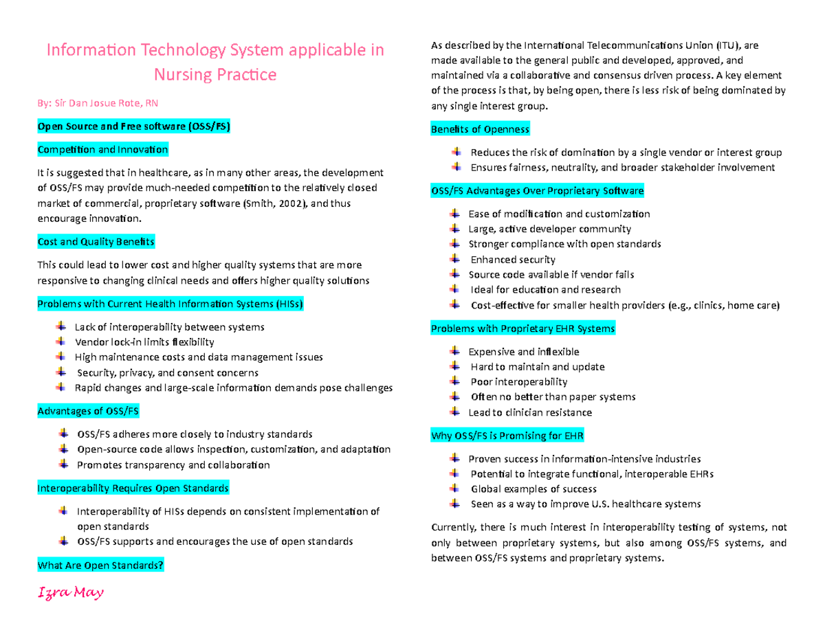 Informatics in Nursing Practice: Open Source EHR Systems and Challenges - Studocu