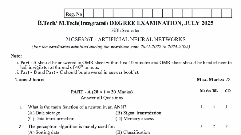 21CSE326T Neural Networks Exam Paper - July 2025 - Studocu