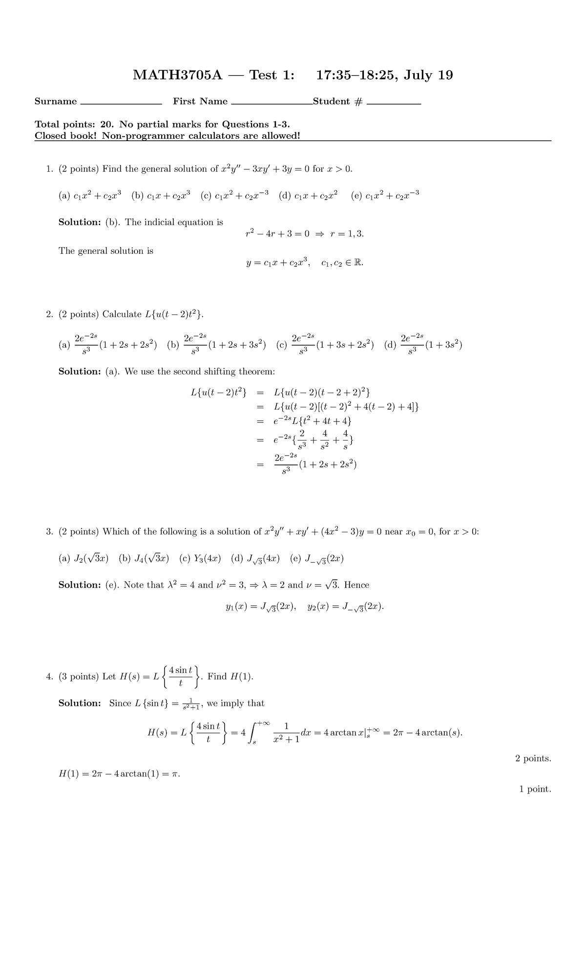 MATH 3705 — Test 1 Solutions & Analysis, July 19, 17:35–18:25 - Studocu