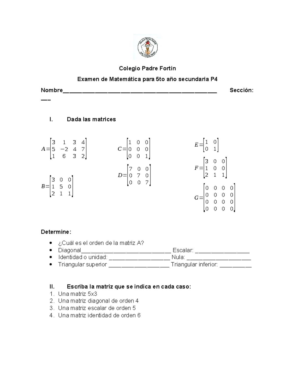 Examen de Matemática 5to Sec. P4 I - Matrices y Sistemas de Ecuaciones ...