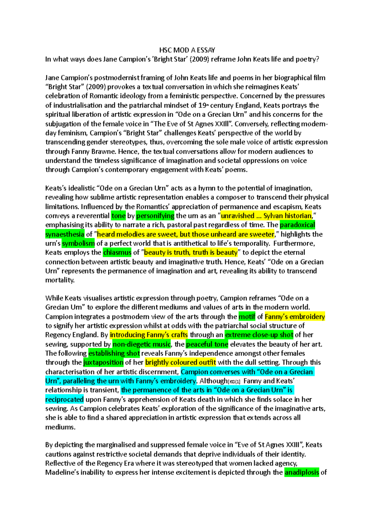 HSC MOD A Essay - Exploring Keats and Campion's Textual Conversations ...