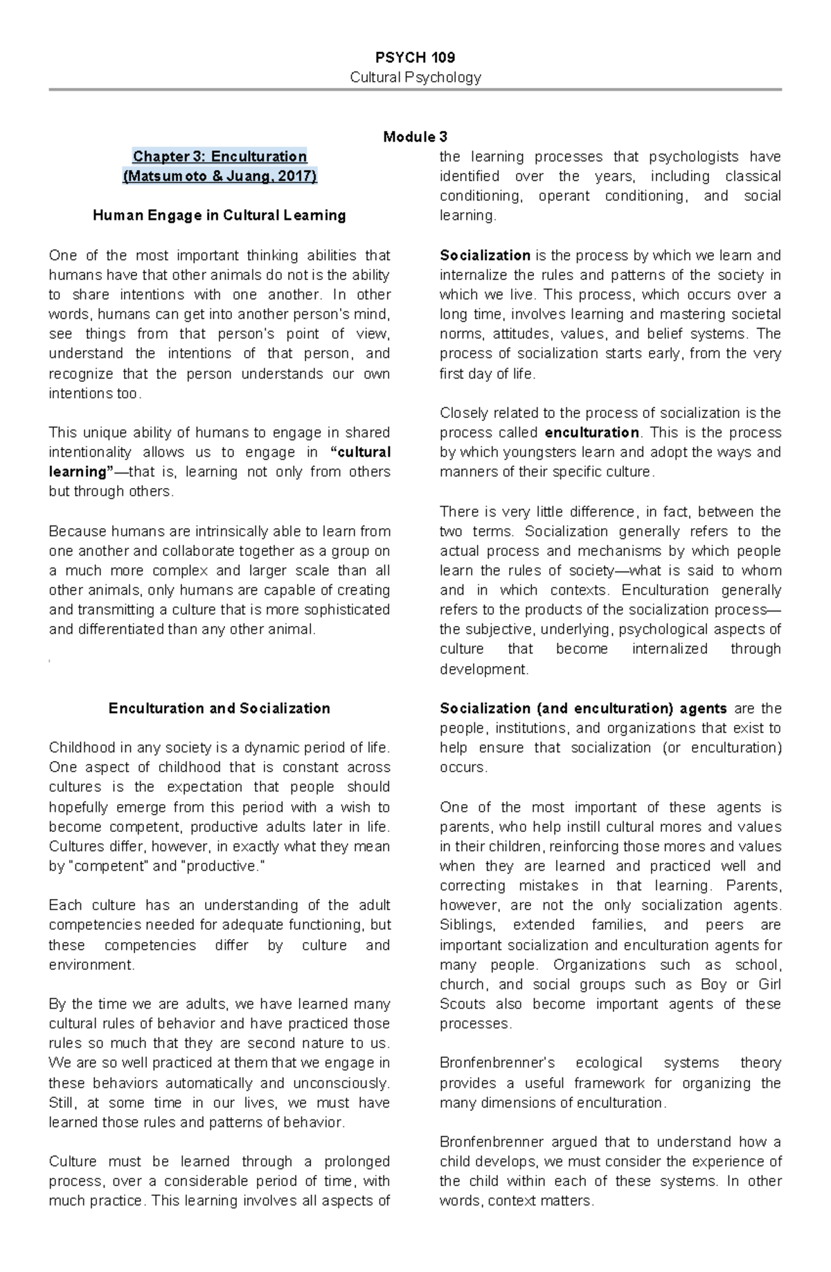 PSYCH 109 - Chapter 3 (Reviewer) - PSYCH 109 Cultural Psychology Module 3 Chapter 3 ...