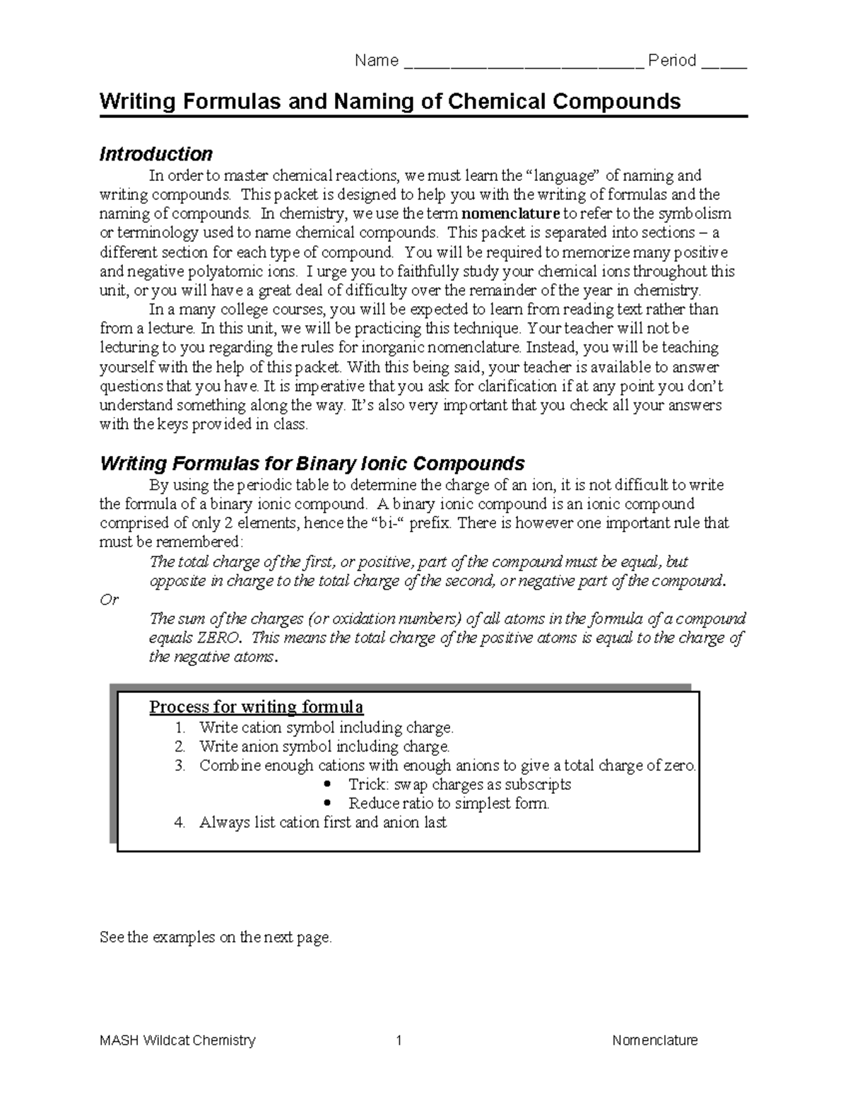 Inorganic Nomenclature Packet (CHEM 101) - Writing Formulas & Naming ...