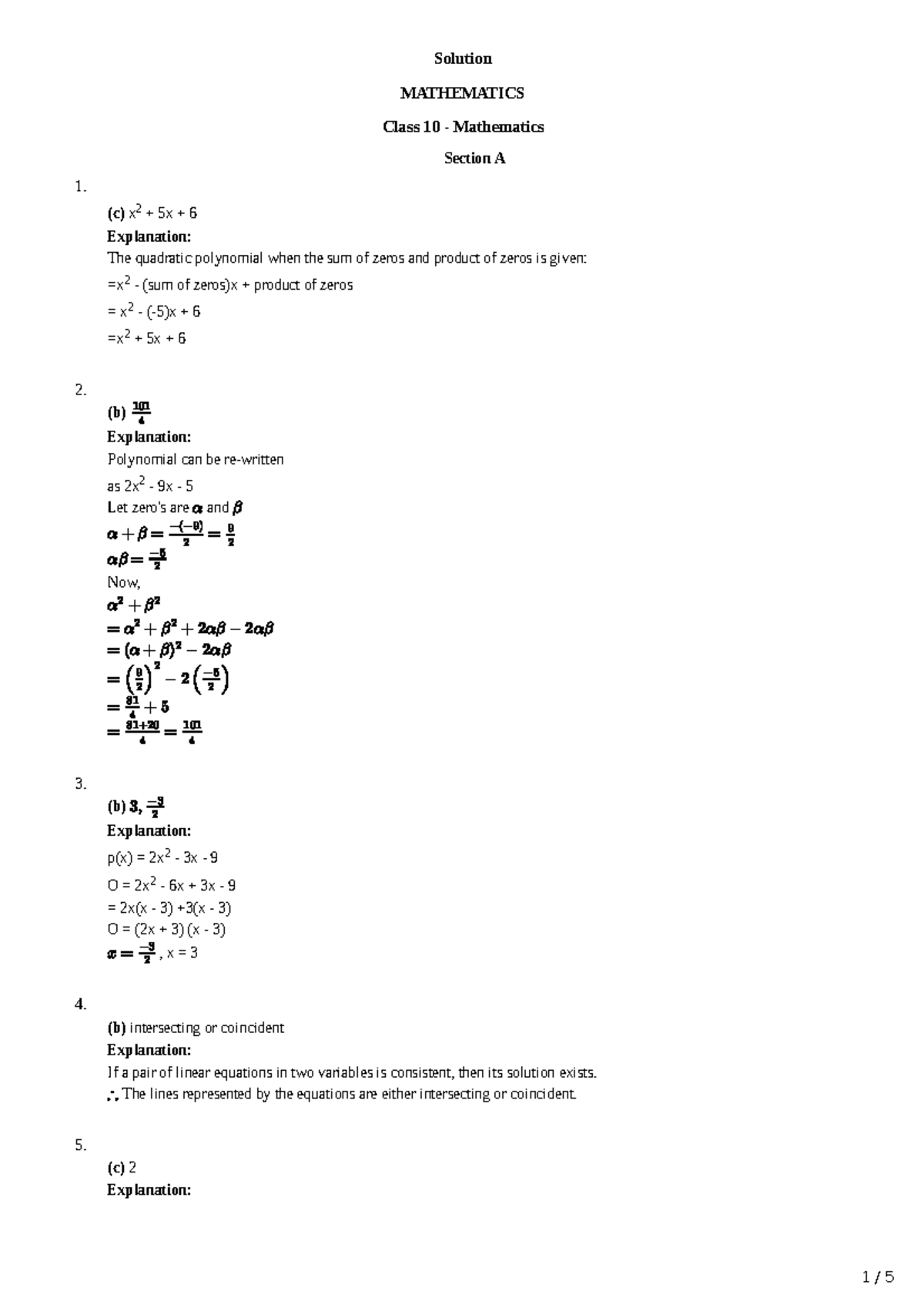 Class 10 Mathematics Solutions: Quadratic Polynomials & Equations - Studocu