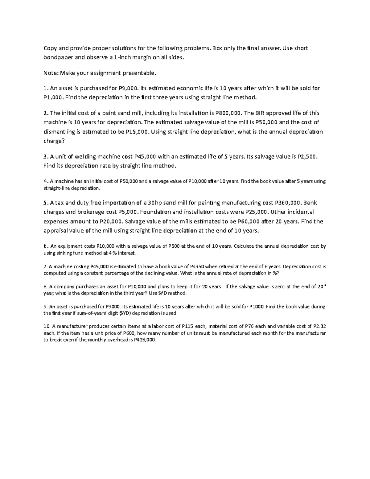 Depreciation Calculations - Problem Set 2 - Studocu