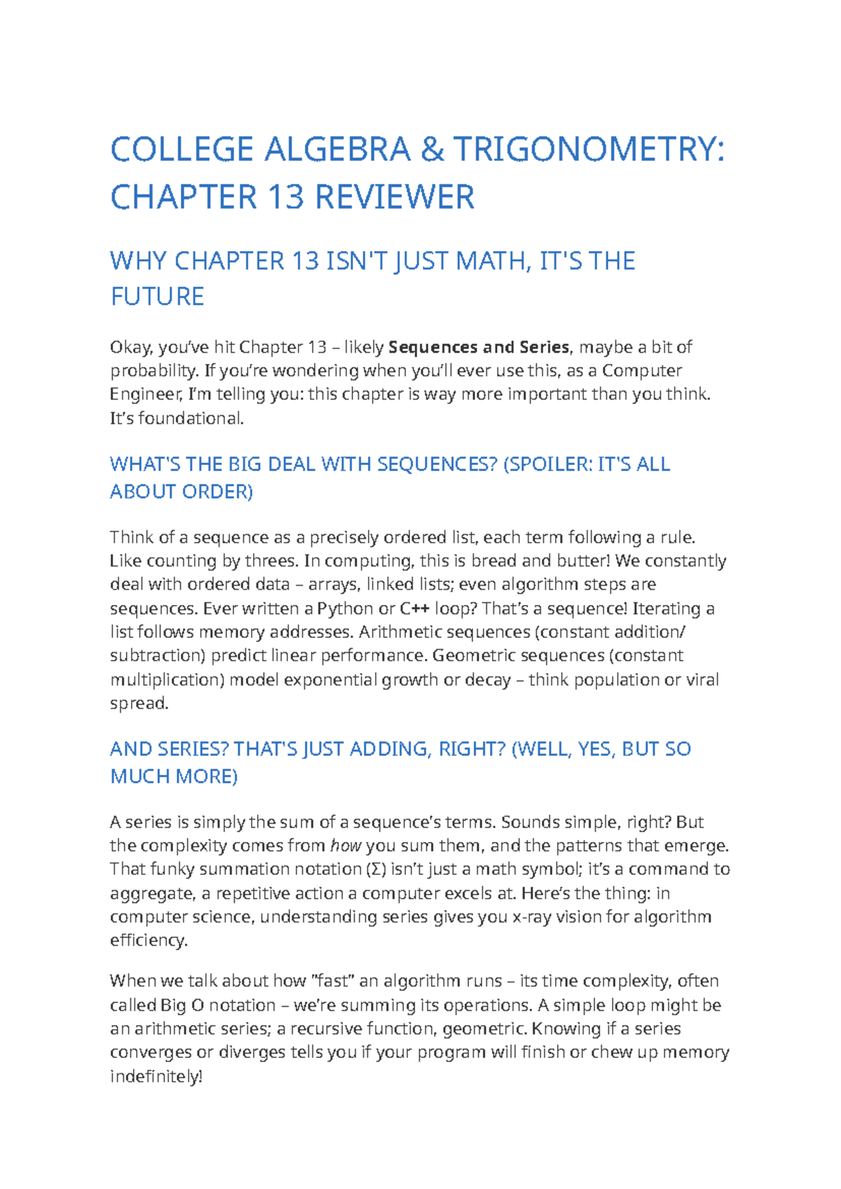 COLLEGE ALGEBRA TRIGONOMETRY: CHAPTER 13 REVIEWER NOTES - Studocu