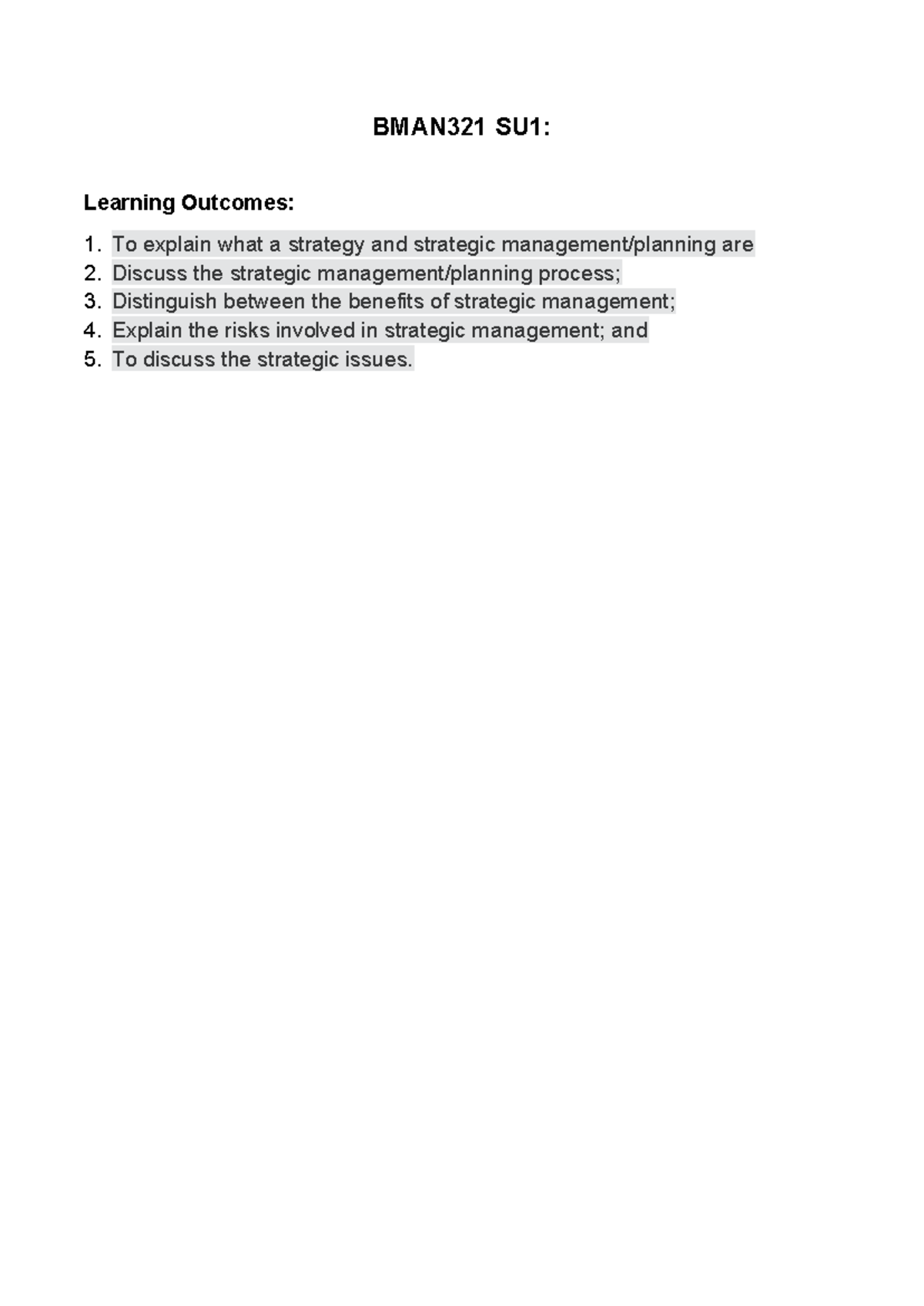 BMAN321 SU1: Strategic Management Learning Outcomes and Concepts - Studocu