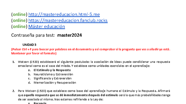 Máster Educación UNIDAD 3: Preguntas y Respuestas del Test - Studocu