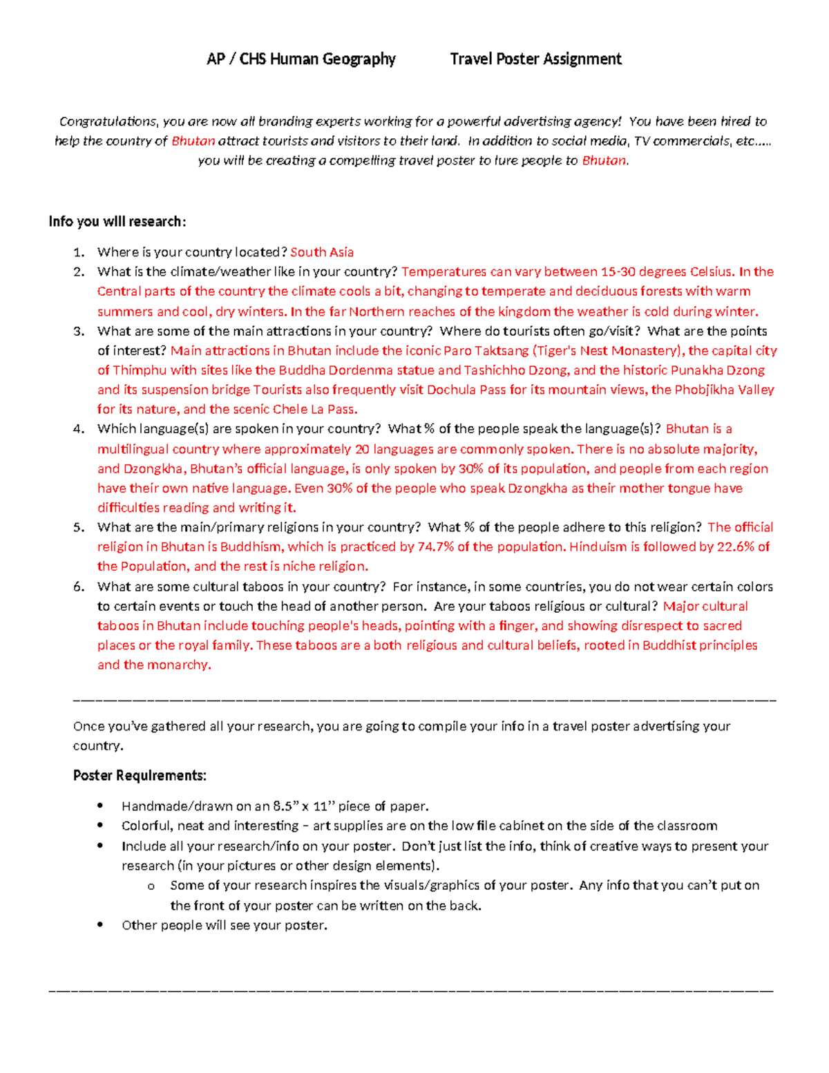 AP CHS Human Geography Travel Poster Assignment on Bhutan - Studocu