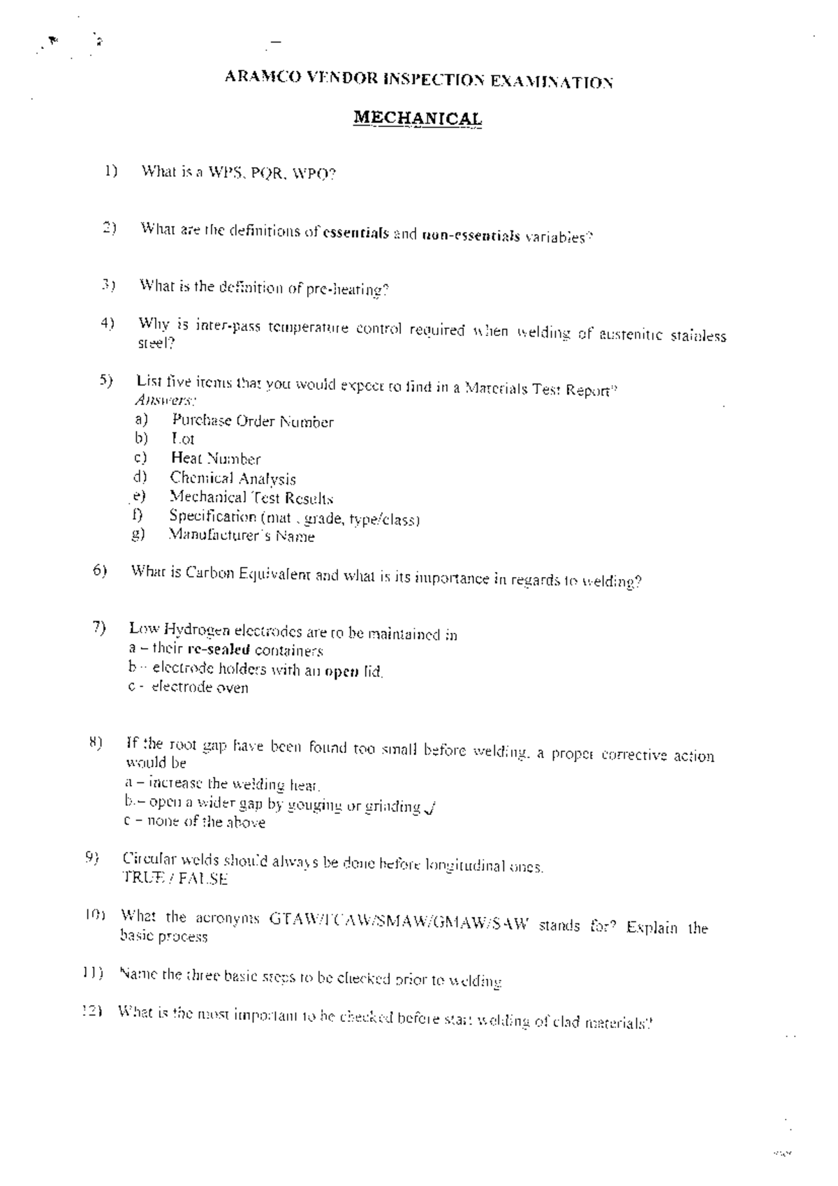 ARAMCO VENDOR INSPECTION EXAMINATION: WPS, PQR, and Welding Essentials ...