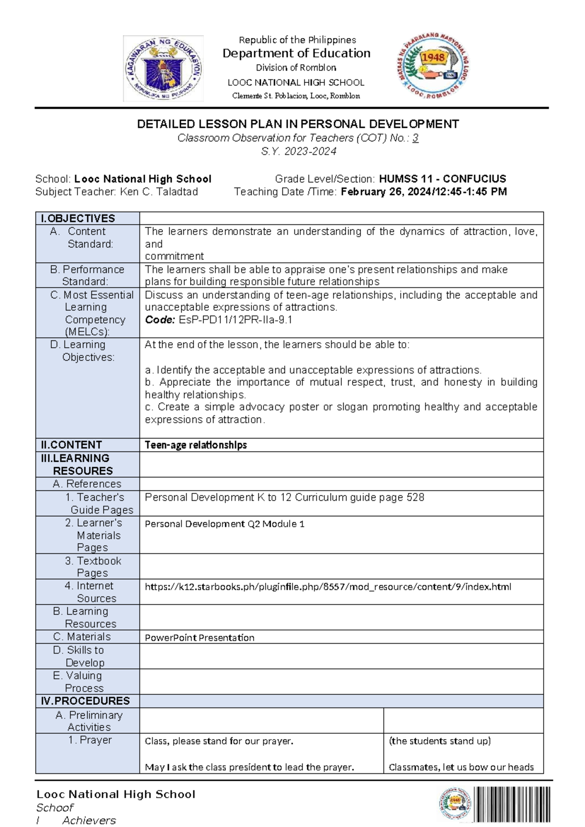 Grade 11 PerDev - Detailed Lesson Plan on Teenage Relationships - Studocu